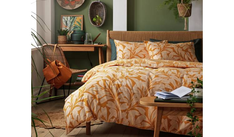 Buy Habitat Cotton Linear Leaf Print Yellow Bedding Set- Single | Duvet ...