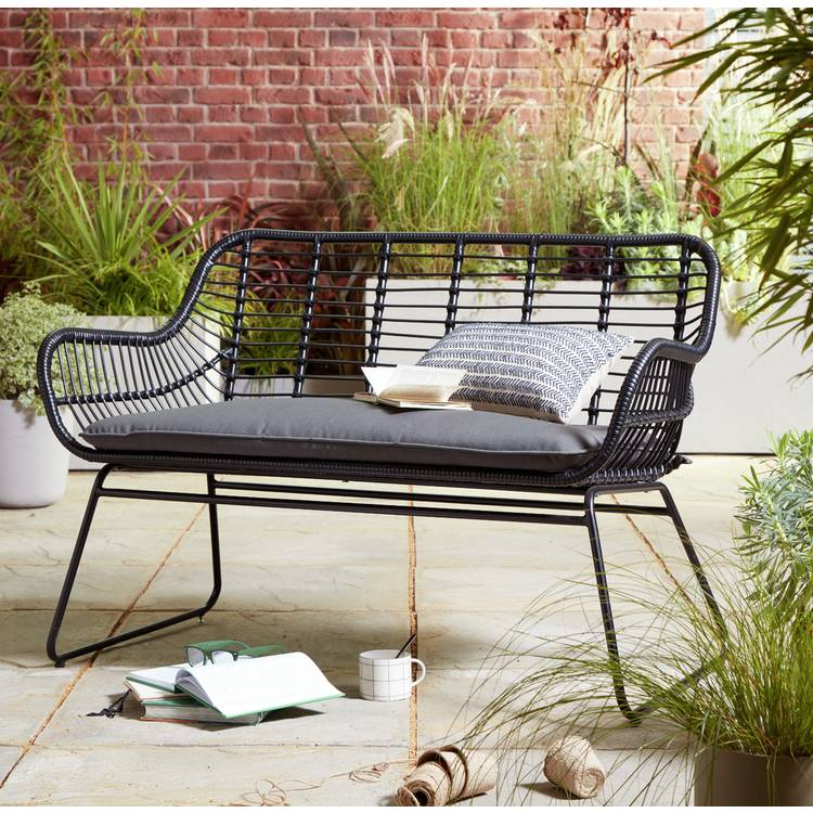 Buy Habitat Ross Rattan Effect Garden Bench - Black | Garden benches ...