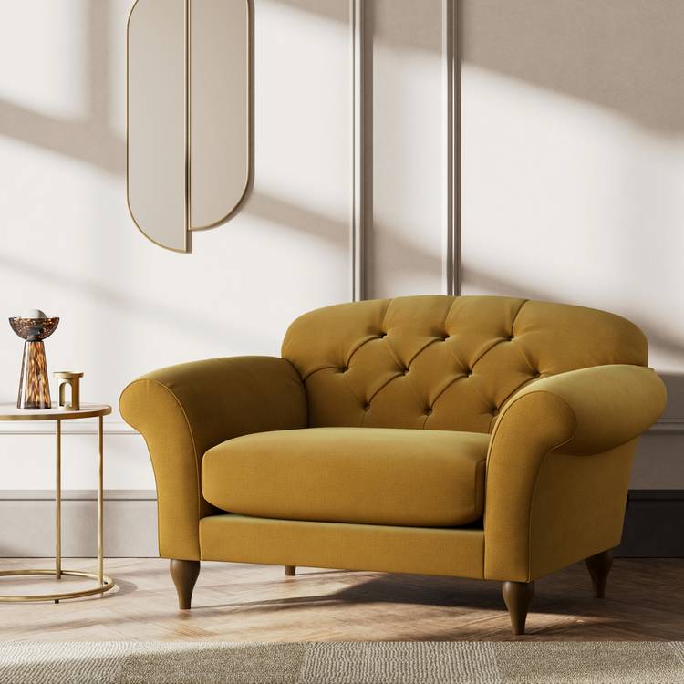 Buy Habitat Brooker Velvet Cuddle Chair - Gold - Dark Leg | Armchairs ...