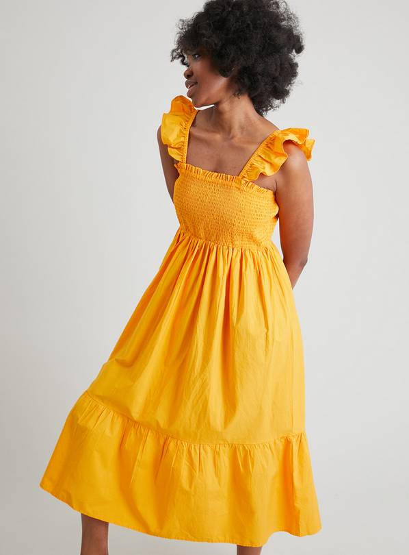 Buy Orange Shirred Poplin Midi Dress - 24 | Dresses | Argos