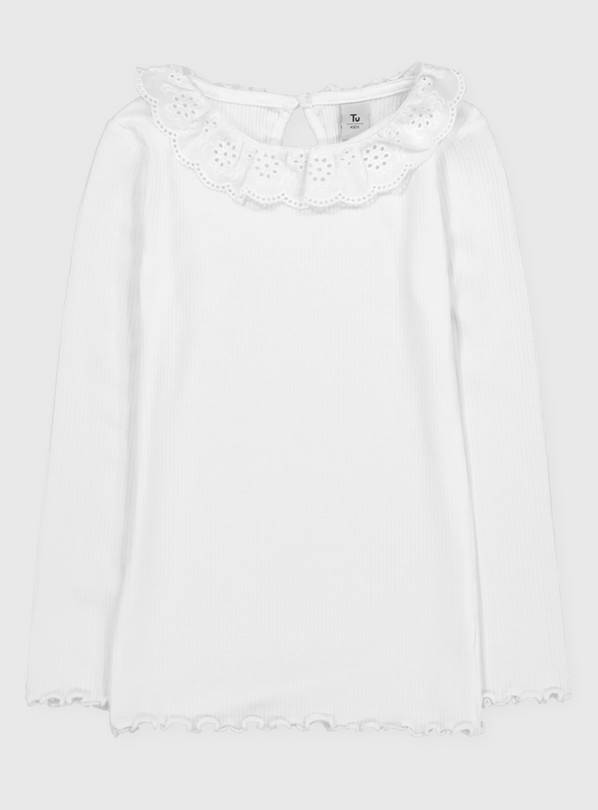 Buy White Ribbed Broderie Collar Top - 12 years | Tops and t-shirts | Argos