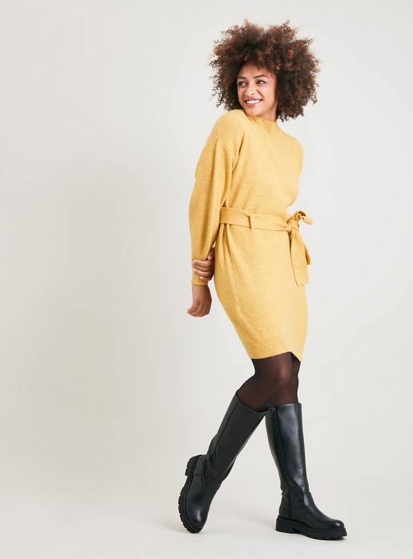 Buy Soft Mustard High Neck Belted Jumper Dress - 12 | null | Argos