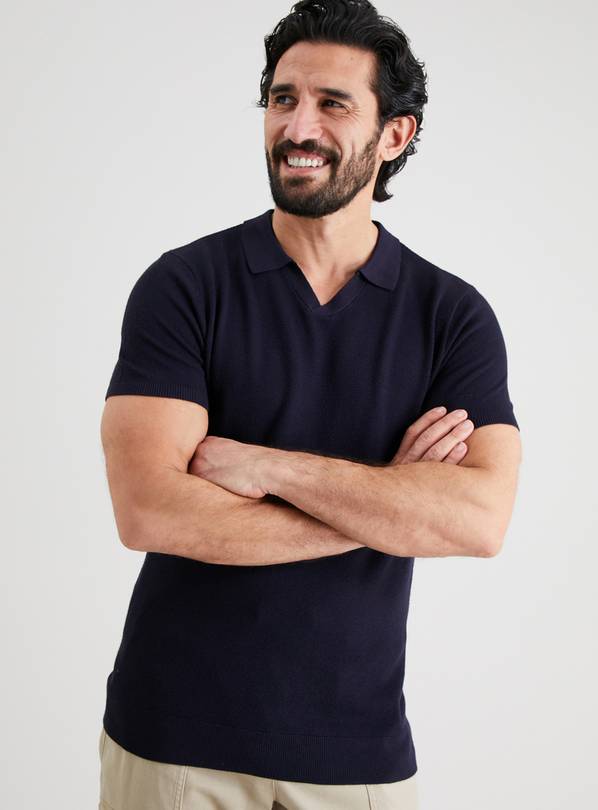 Buy Navy Trophy Neck Textured Knit Polo Shirt - S | Jumpers and ...