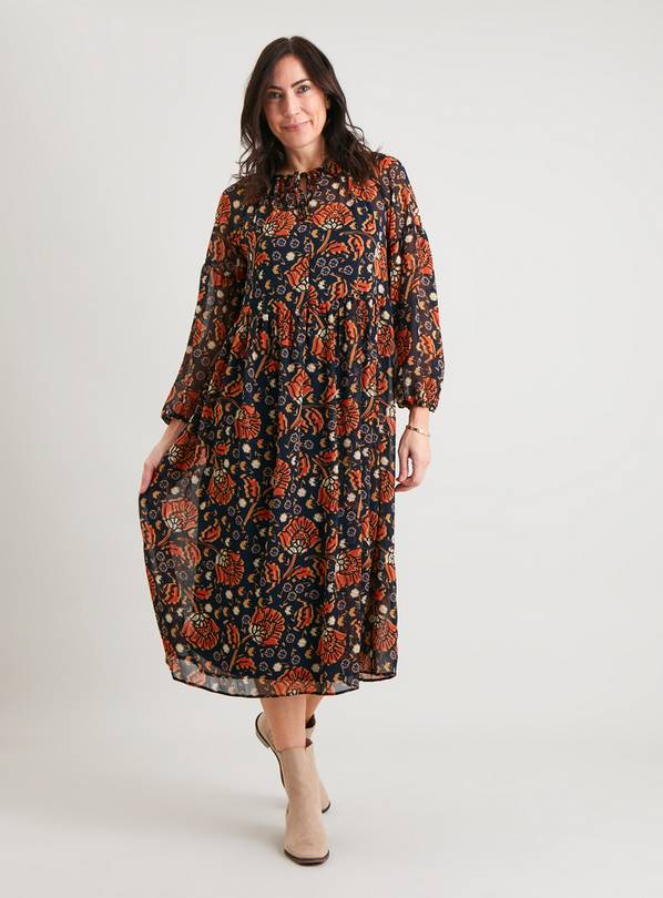 Buy Navy & Orange Floral Midi Dress - 10 | Dresses | Argos
