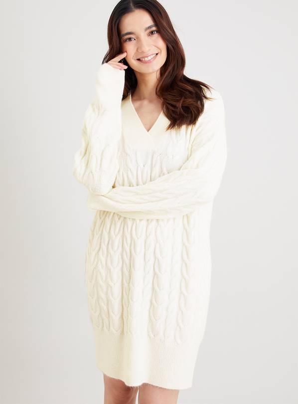 Buy Cream Cable V Neck Jumper Dress - 24 | Dresses | Argos