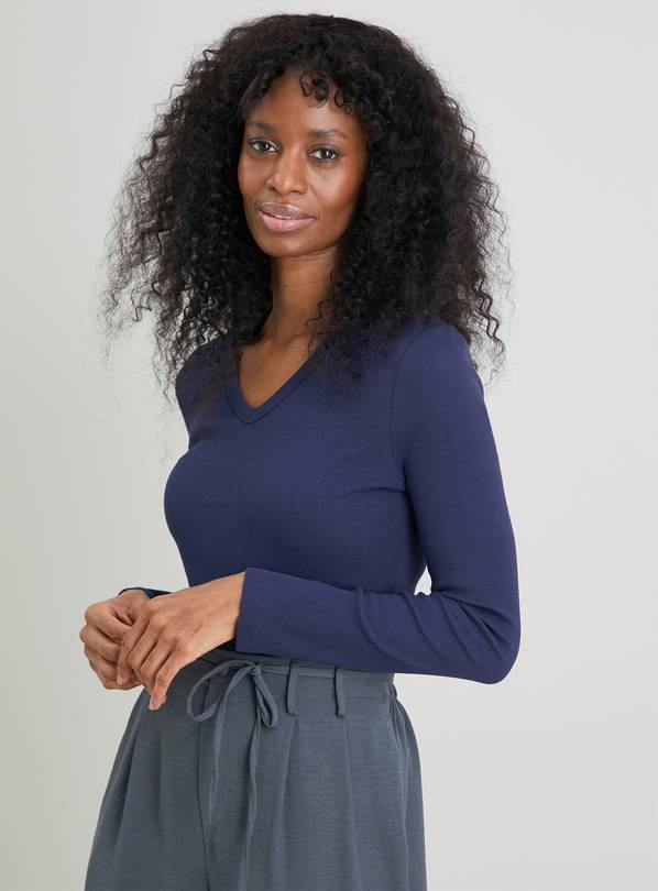 Buy Navy Ribbed Notch Neck Top - 10 | T-shirts | Argos