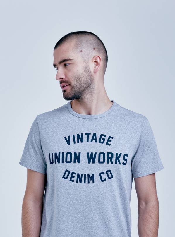 Buy UNION WORKS Grey Marl Vintage Slogan T-Shirt - M | T-shirts and ...