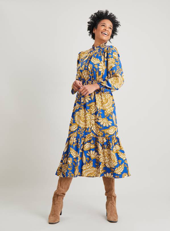 Buy Blue High Neck Leaf Print Midi Dress - 10 | Dresses | Argos