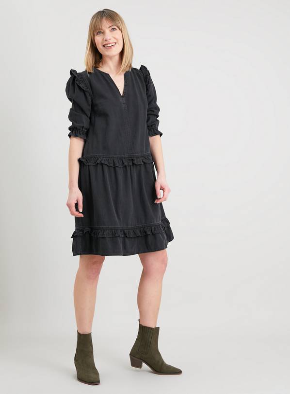 Buy Black Denim Frill Trim Short Dress - 24 | Dresses | Argos