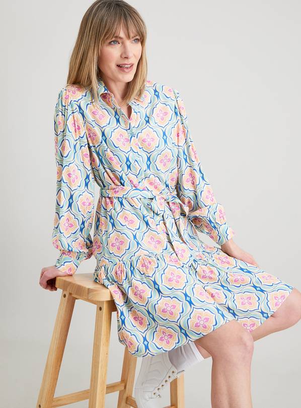 Buy Blue Floral Tile Print Short Shirt Dress - 16 | Dresses | Argos