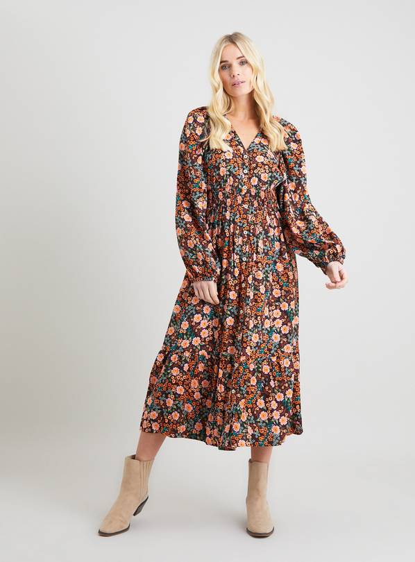 Buy Brown Volume Sleeve Floral Midi Dress - 10 | Dresses | Argos