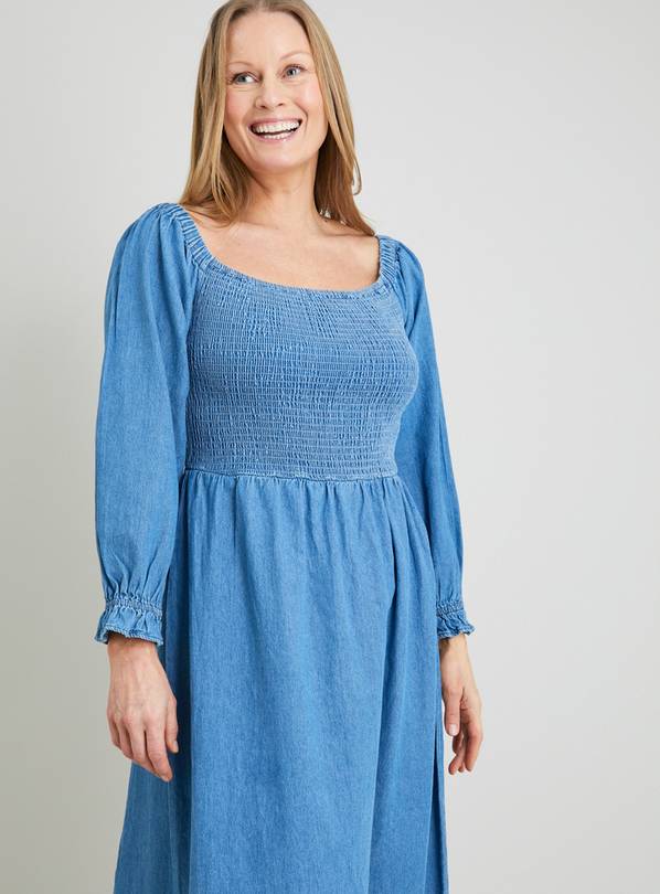 Buy Blue Denim Shirred Midi Dress - 22 | Dresses | Argos