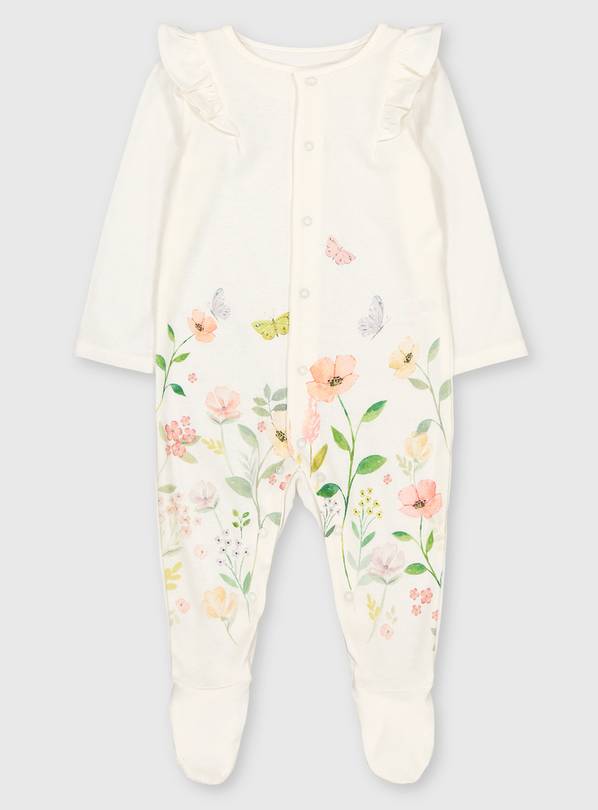 Buy Cream Floral Frill Sleepsuit - Up to 1 mth | Sleepsuits and pyjamas ...