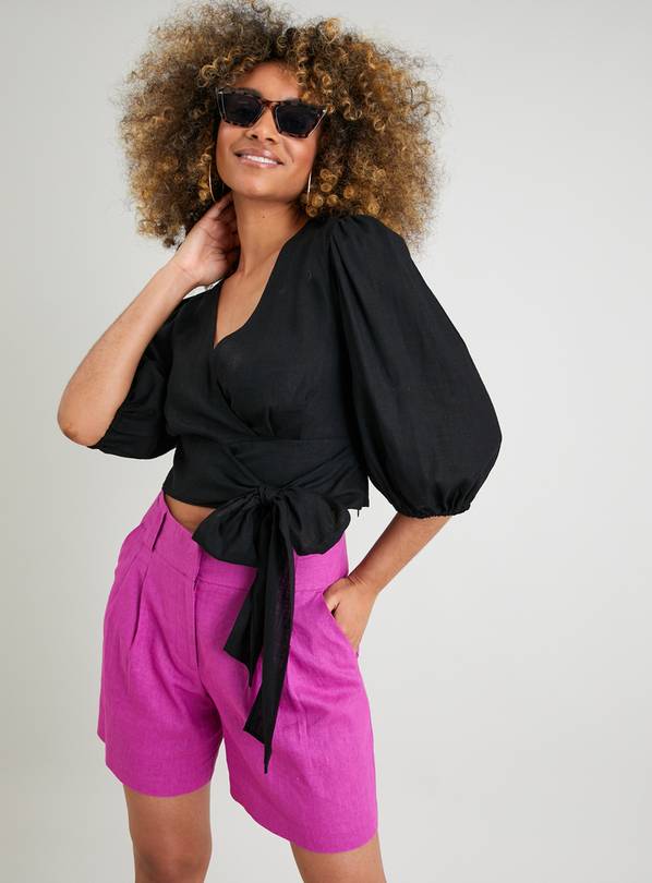Buy Black Long Puff Sleeve Wrap Front Blouse - 26 | Blouses | Argos