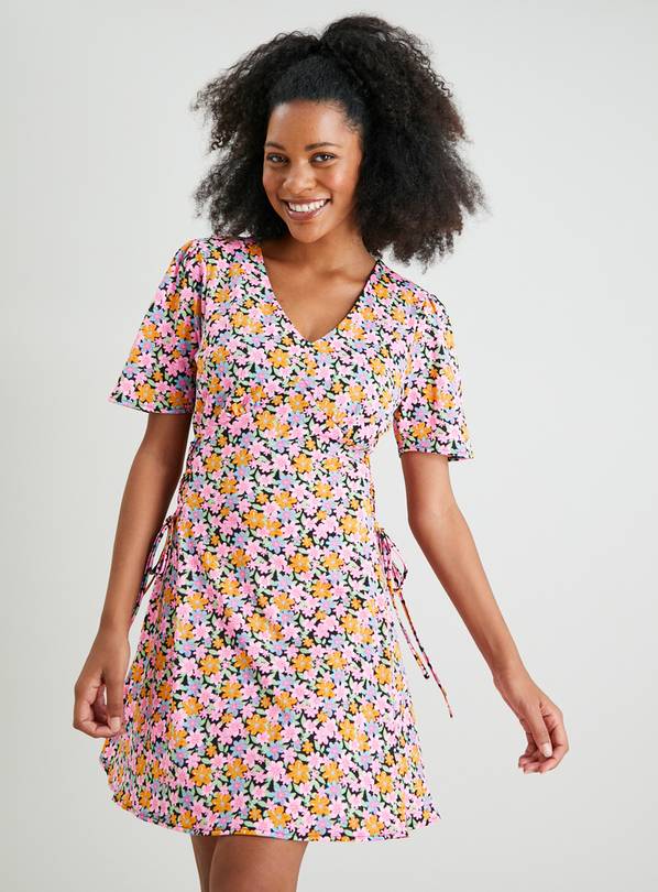 Buy Pink Floral Lace Up Crinkle Dress - 8 | Dresses | Argos