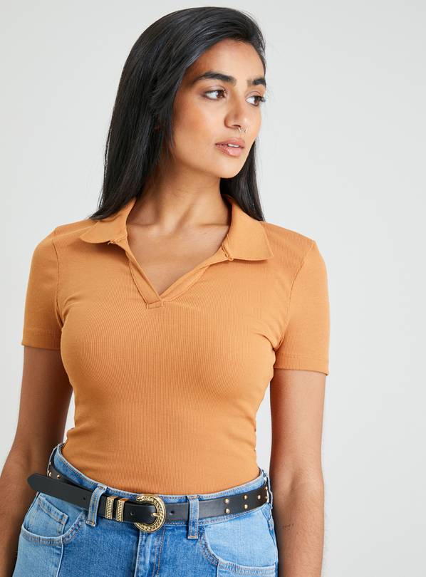 Buy Tan Collared Skinny Fit Ribbed Top - 14 | Tops | Argos