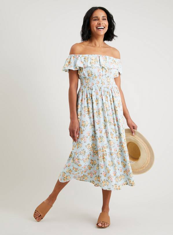 Buy Blue Floral Bardot Ruffle Midi Dress - 12 | Dresses | Argos