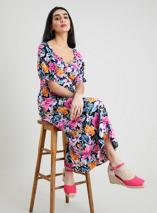 Buy Tropical Floral Sweetheart Neck Midi Dress - 26 | Dresses | Argos