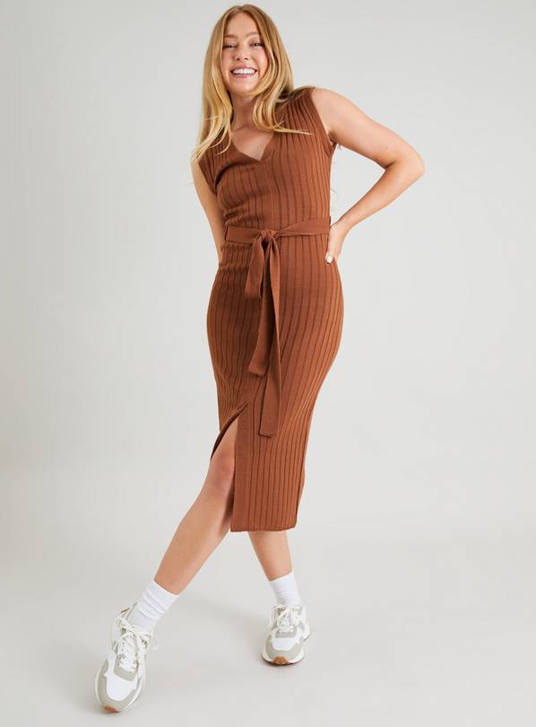 Buy Tan Sleeveless Belted Ribbed Knit Dress - 20 | Dresses | Argos