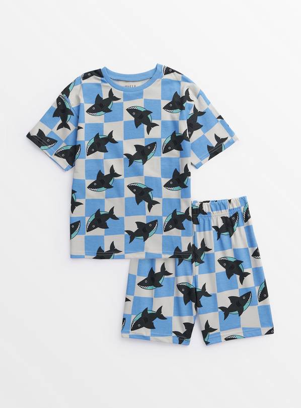Buy Blue Checkerboard Shark Print Short Sleeve Pyjamas 4-5 years ...