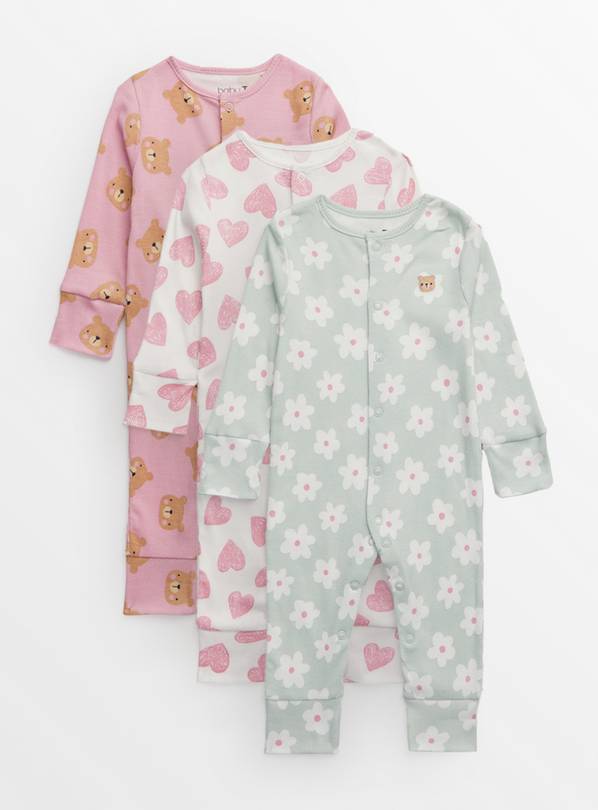 Buy Bright Print Ribbed Long Sleeve Sleepsuits 3 Pack Newborn ...
