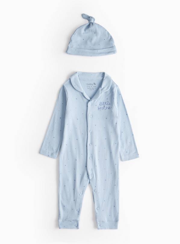 Buy Blue Ribbed Little Brother Sleepsuit & Hat Set Newborn | Sleepsuits ...