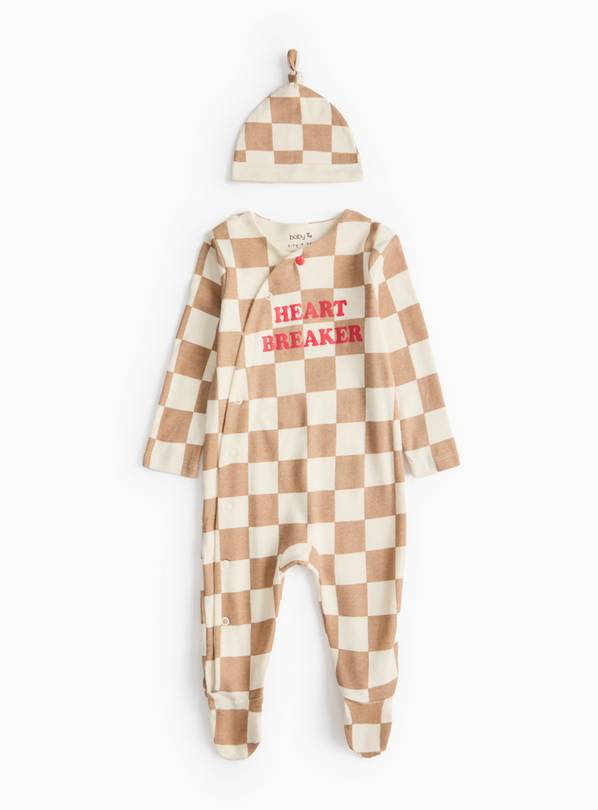 Buy Heartbreaker Beige Chequered Sleepsuit & Hat Set 3-6 months ...