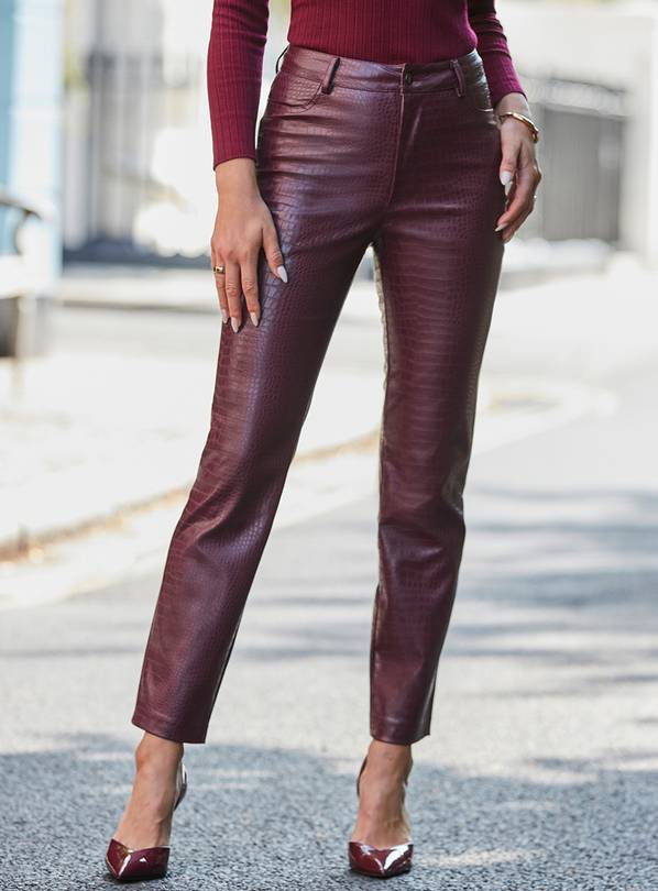 Buy SOSANDAR Burgundy Croc Faux Leather Straight Leg Trouser 10 Trousers Tu