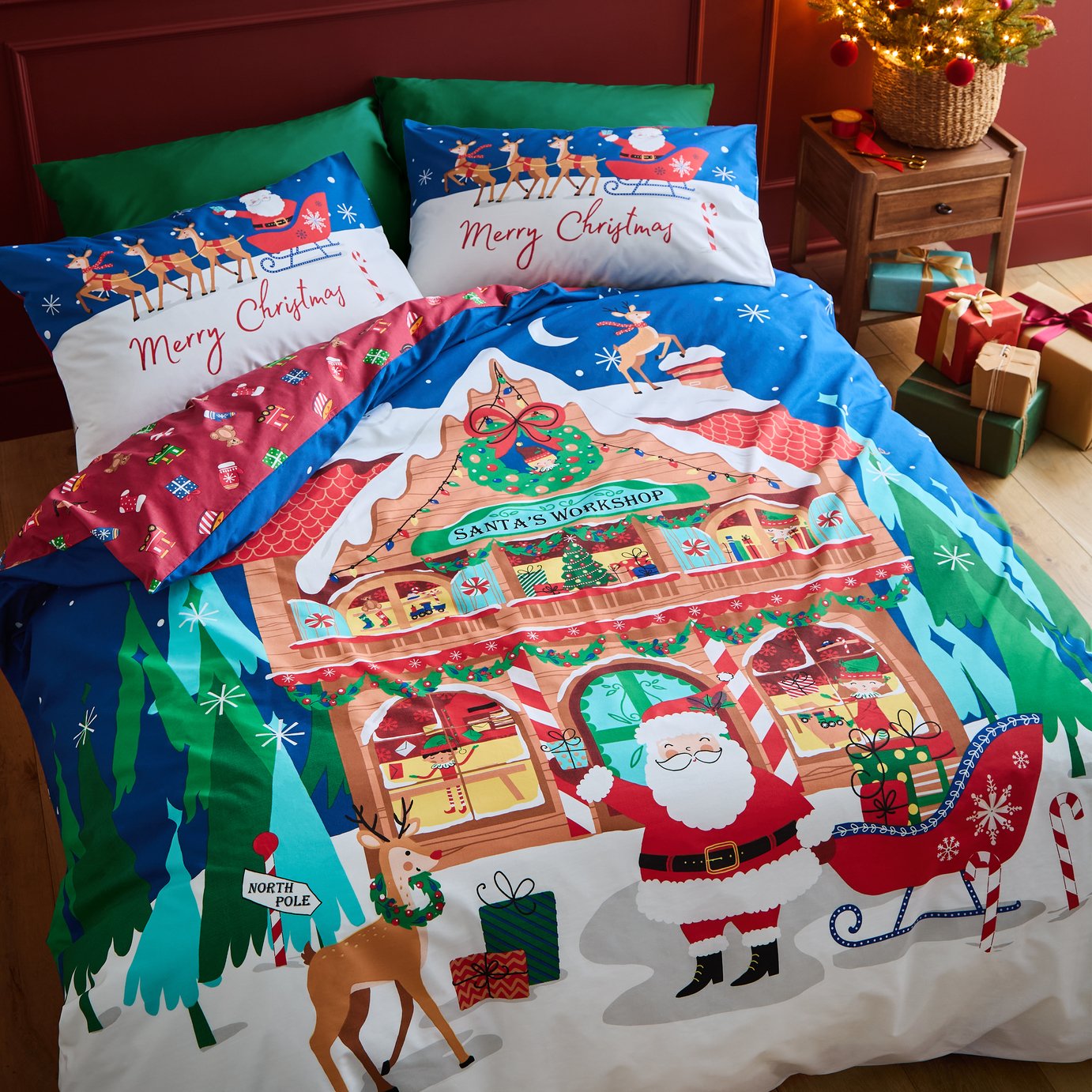Christmas Bedding King Size Wonderand Santa Xmas Lights Duvet Set